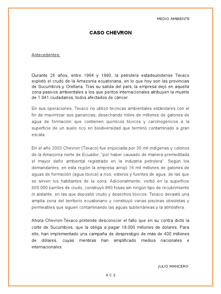 El caso Chevron-Texaco: una batalla por la justicia ambiental y la ...