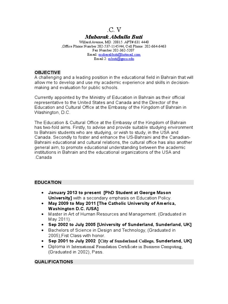 Bahrain Education & Cultural Office CV | PDF | Bahrain | Employment