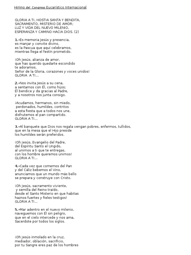 Himno Del Congreso Eucarístico SIN IMAGEN | PDF