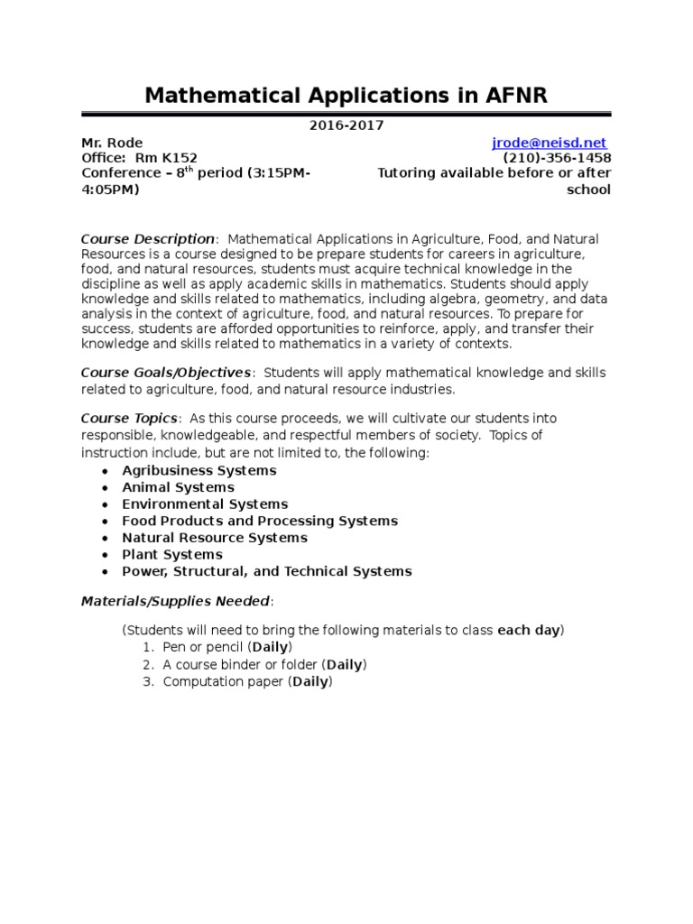 2016-2017 Math Apps in Afnr Syllabus | PDF | Homework | Teaching ...