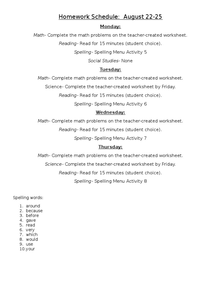 Homework Schedule Aug 15 - 19 | PDF | Language Arts & Discipline