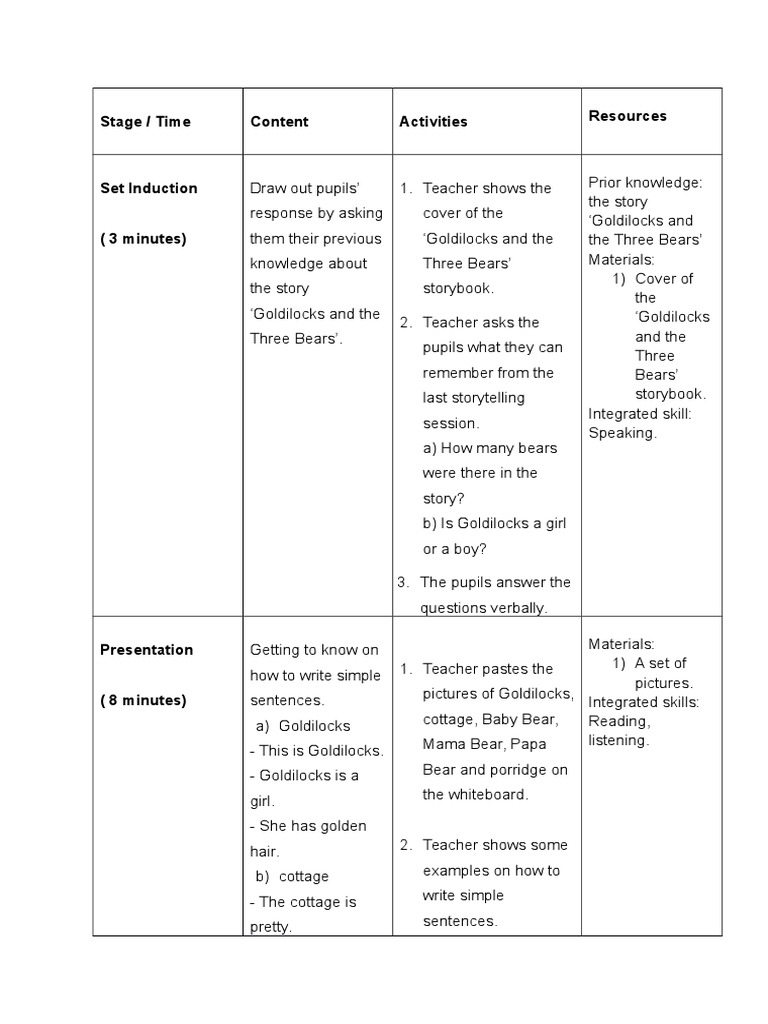 Lesson Plan Year 2 KSSR PDF Goldilocks And The Three Bears Lesson