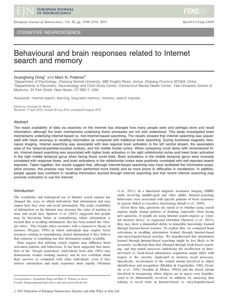 Behavioural and Brain Responses Related To Internet Search and Memory ...