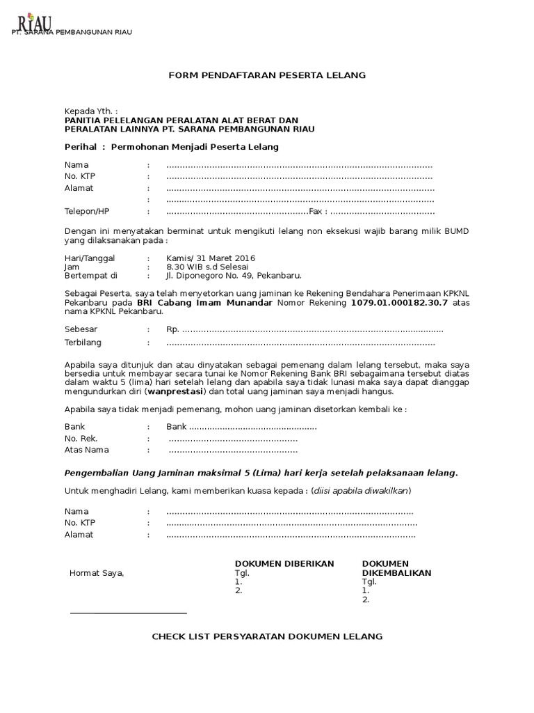 Form Formulir Pendaftaran Lelang | PDF