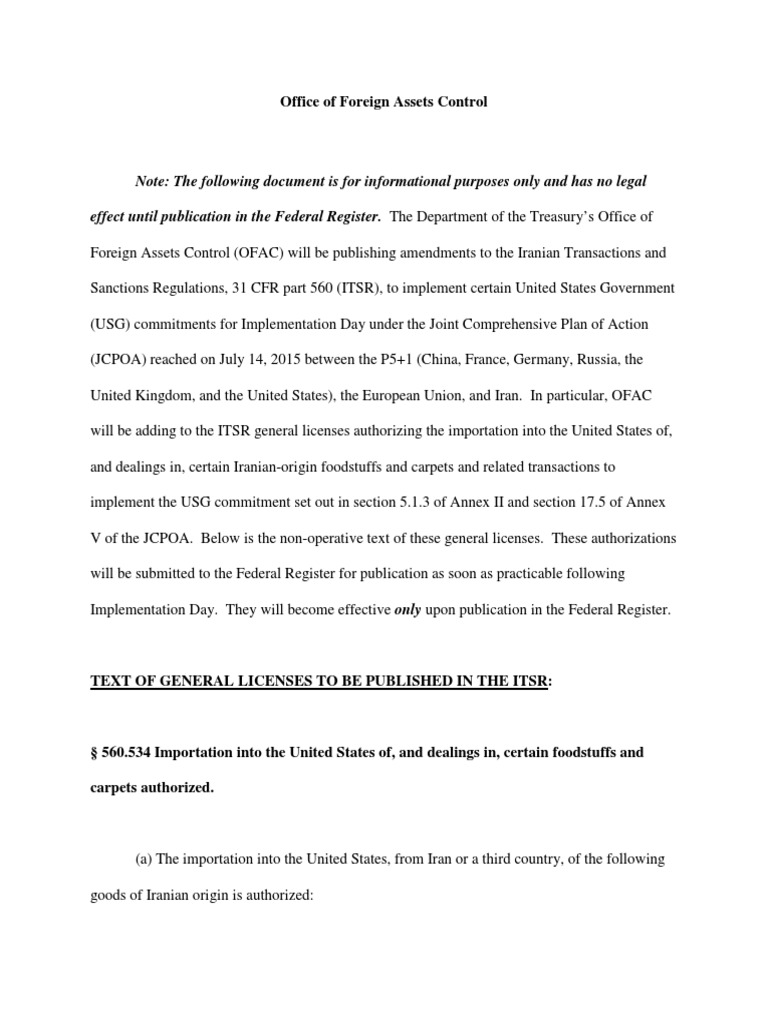 Ofac Statement Jcpoa | PDF | Office Of Foreign Assets Control | Joint ...