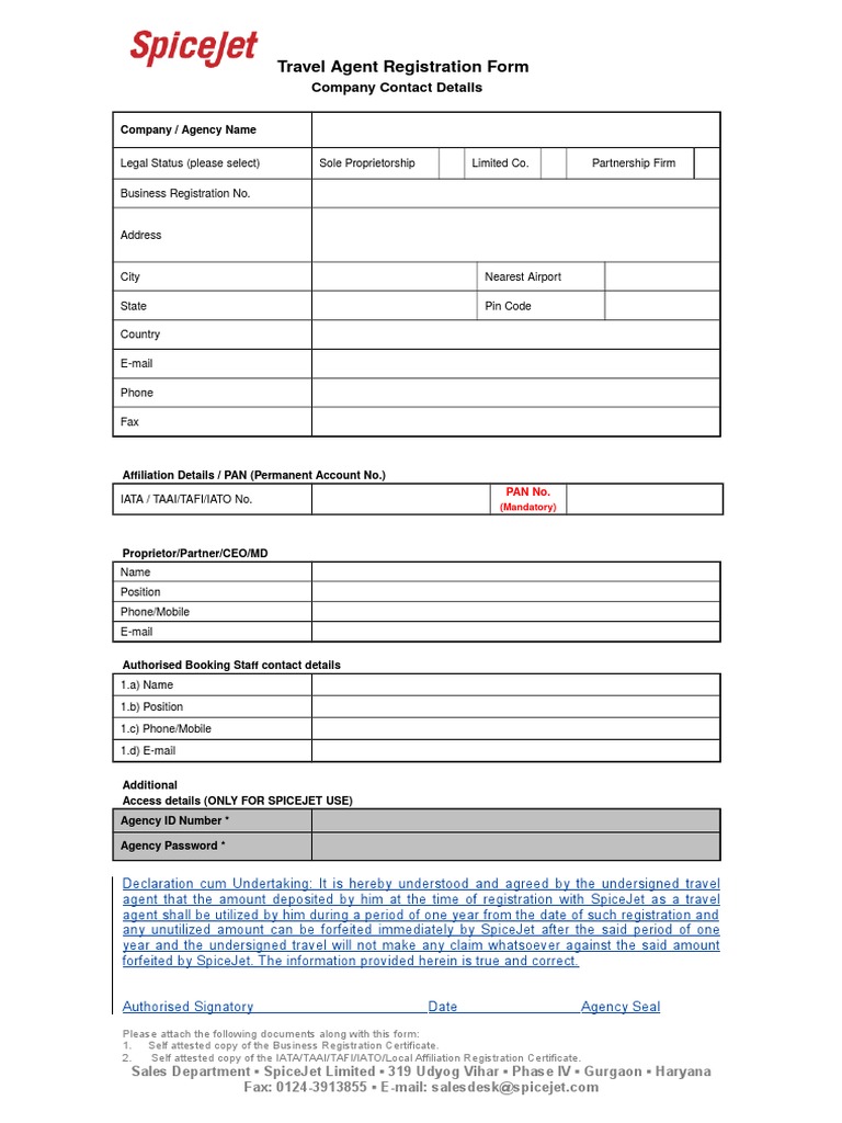 SpiceJet Travel Agent Registration Form | PDF | Business | Computing ...