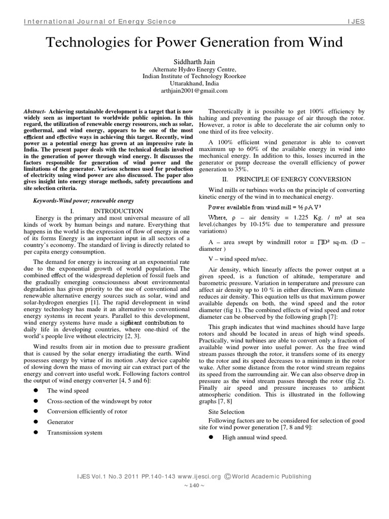 Technologies For Power Generation From Wind | PDF | Wind Power | Turbine