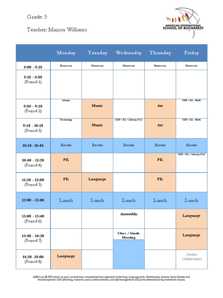 5th Grade Weekly Class Schedule | PDF | Language Arts & Discipline
