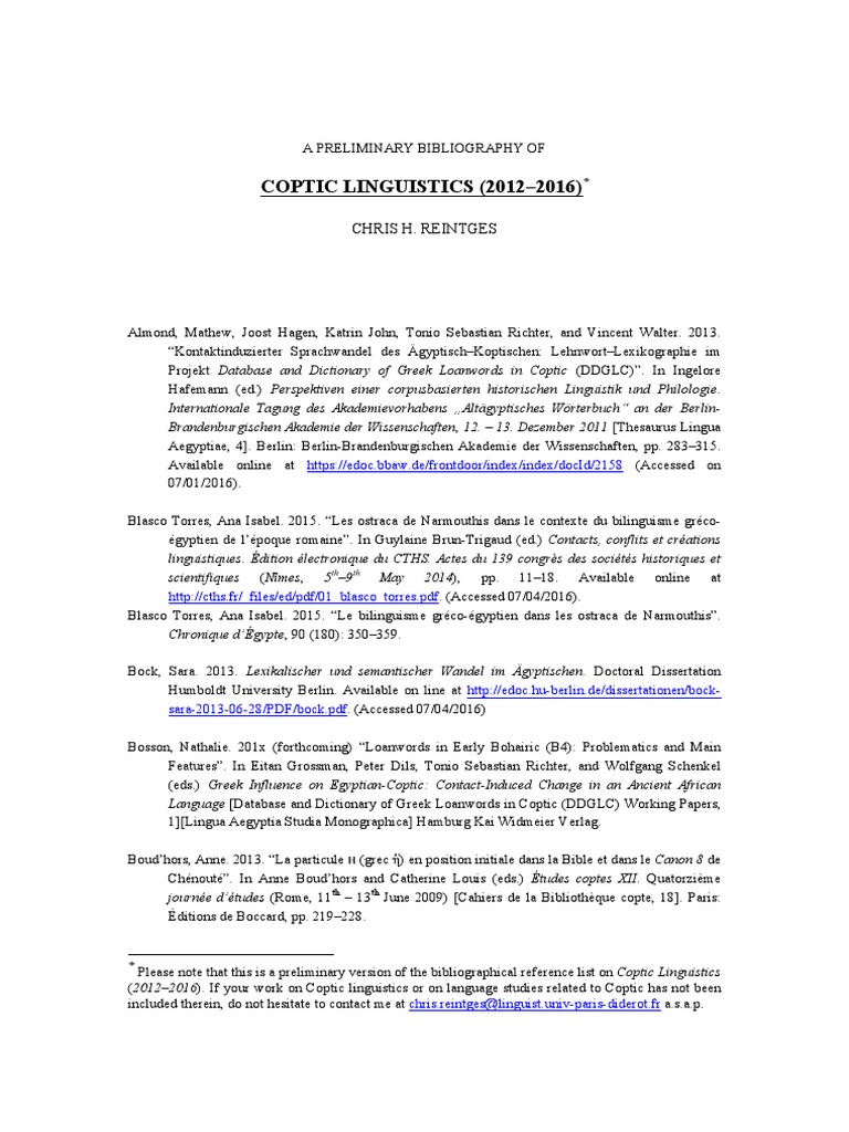 Coptic Linguistics 2012-2016 | PDF | Copts | Human Communication