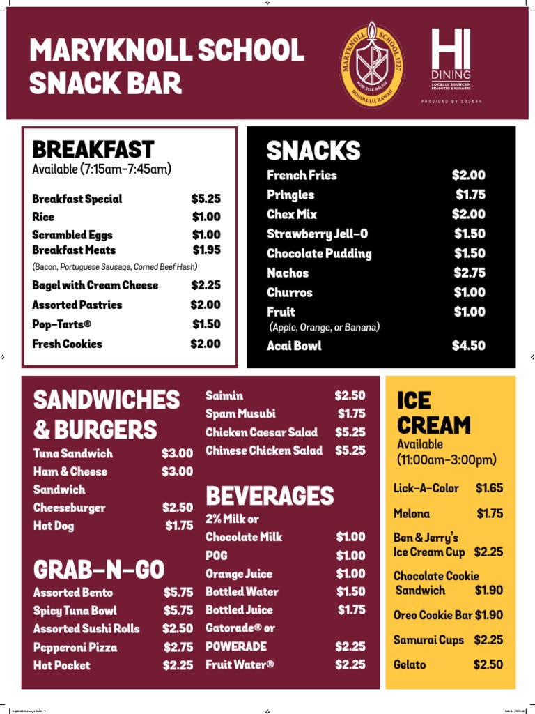 Maryknoll School Snack Bar Menu | PDF