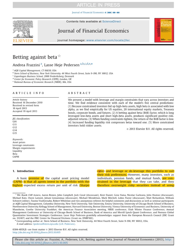 Betting Against Beta | PDF | Beta (Finance) | Capital Asset Pricing Model