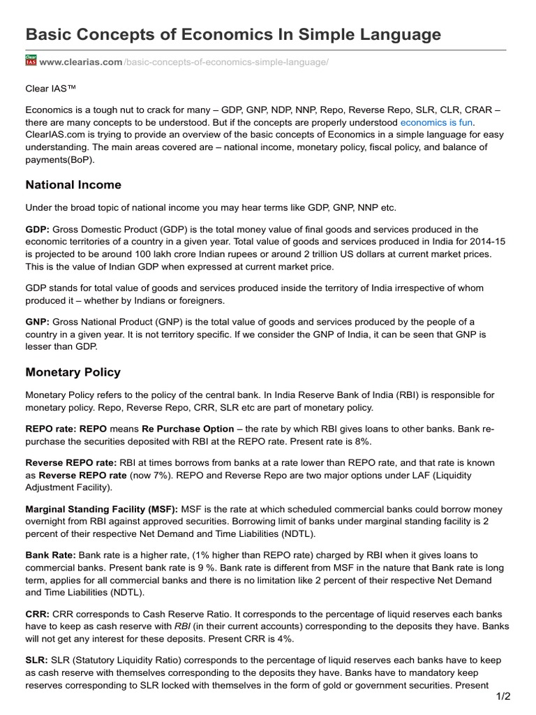 01 Basic Concepts of Economics in Simple Language | PDF | Government ...