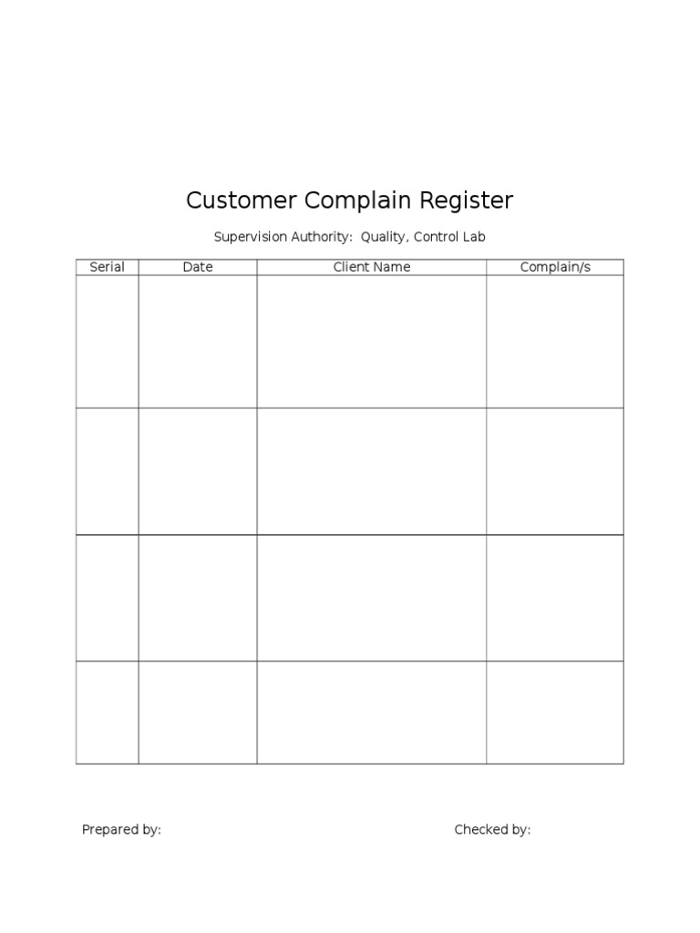 Customer Complain Register: Supervision Authority: Quality, Control Lab ...