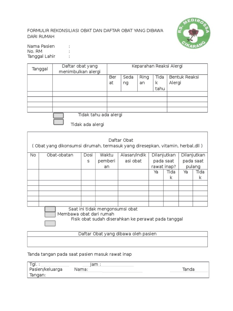 Formulir Rekonsiliasi Obat Dan Daftar Obat Yang Dibawa Dari Rumah | PDF