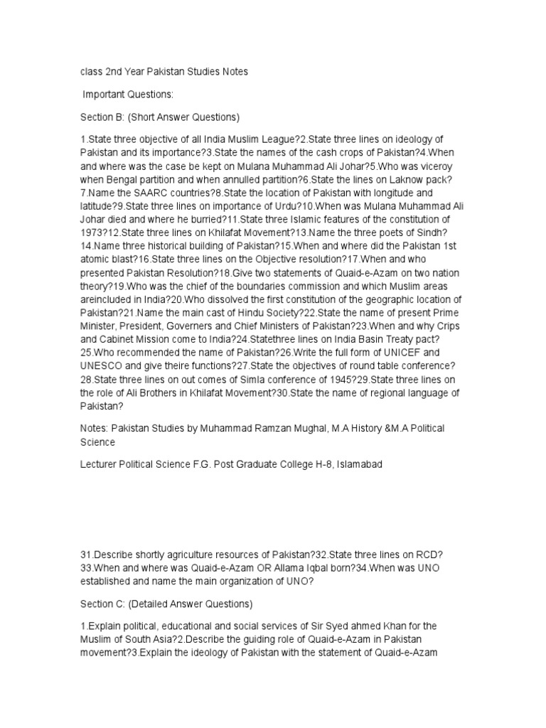 Pak Studies NOTES FOR OVERALL REVISION FOR ALL | PDF | Muhammad Ali ...