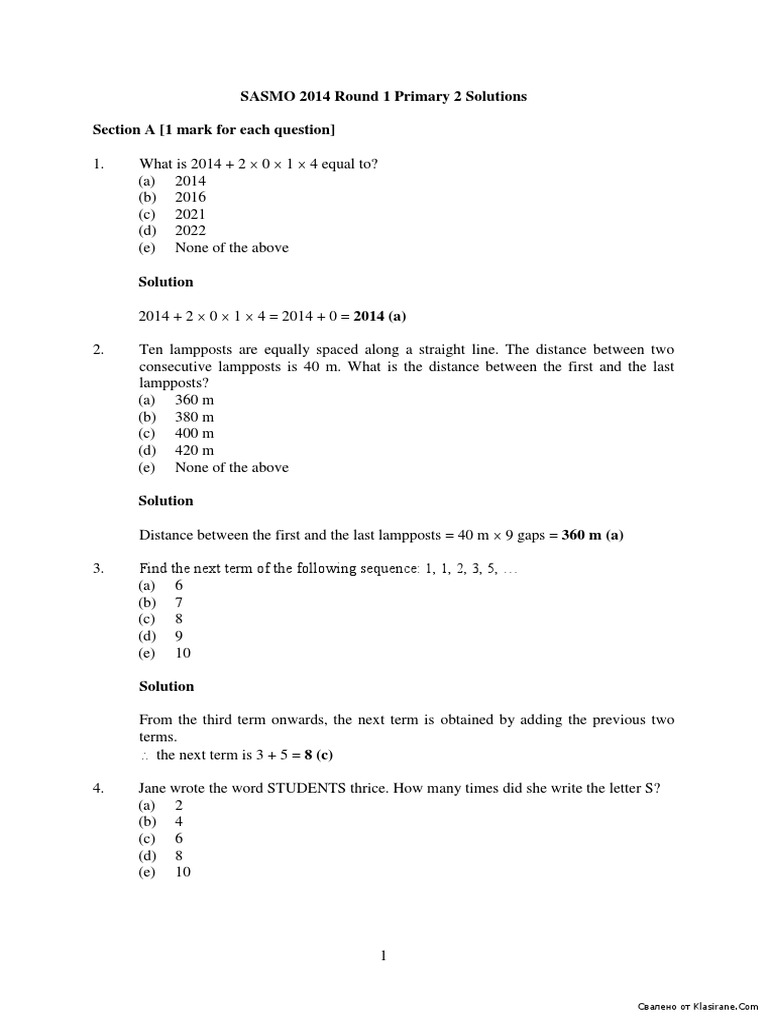 SASMO 2014 Round 1 Primary 2 Solutions | PDF | Teaching Mathematics | Mathematical Analysis