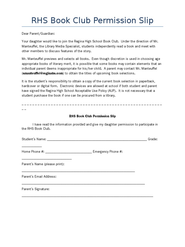 Book Club Permission Slip | PDF | Books | Communication