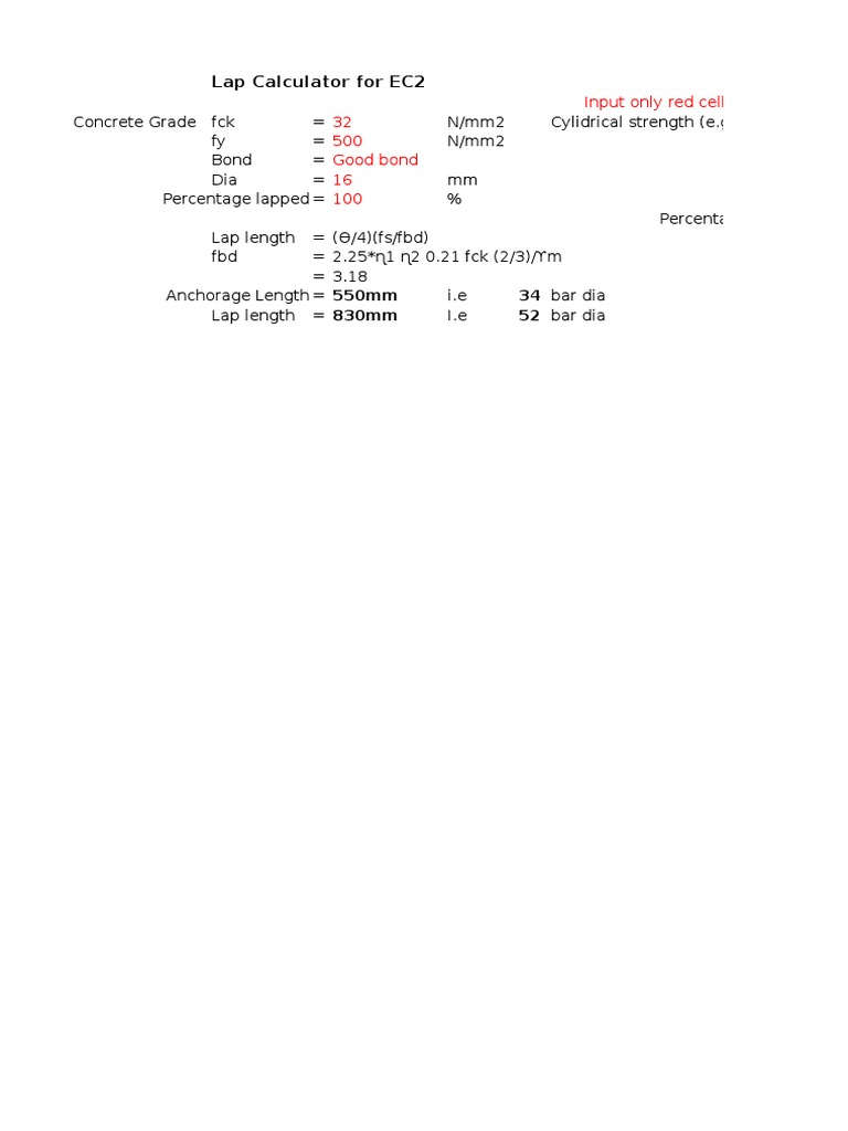 Lap Calculator For EC2: Input Only Red Cell 32 500 Good Bond 16 100 | PDF