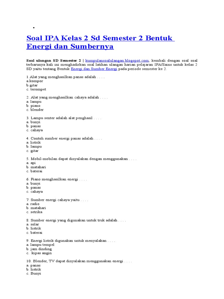 Soal IPA Kelas 2 SD Semester 2 Bentuk Energi Dan Sumbernya | PDF