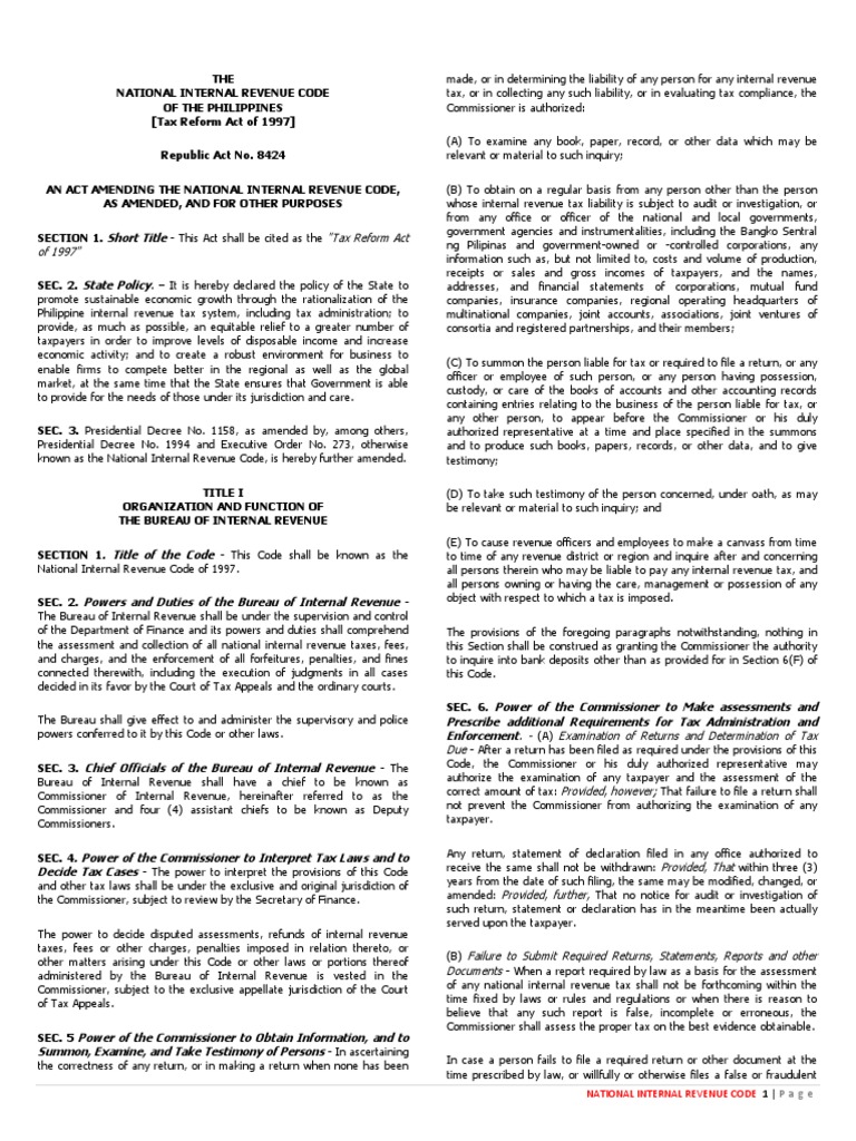 National Internal Revenue Code | PDF | Internal Revenue Service | Taxes