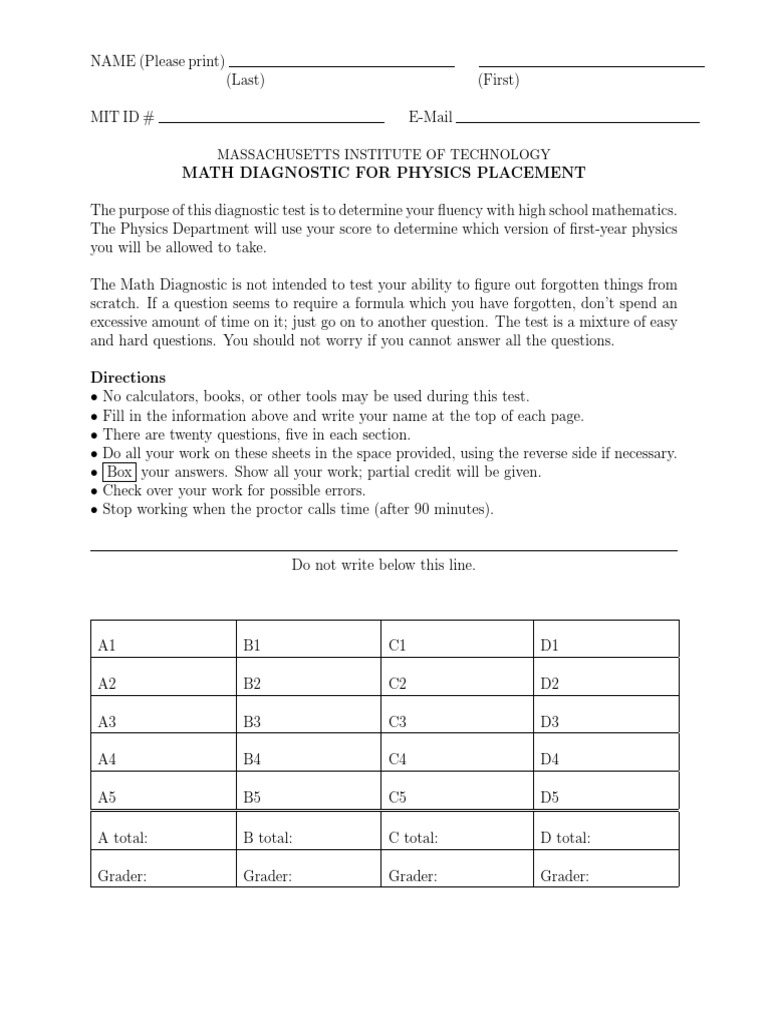 MIT Math Diagnostic For Physics Placement | PDF | Geometry | Teaching ...