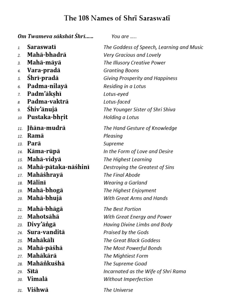 108 Names of Shri Saraswati.pdf | Devi | Sri