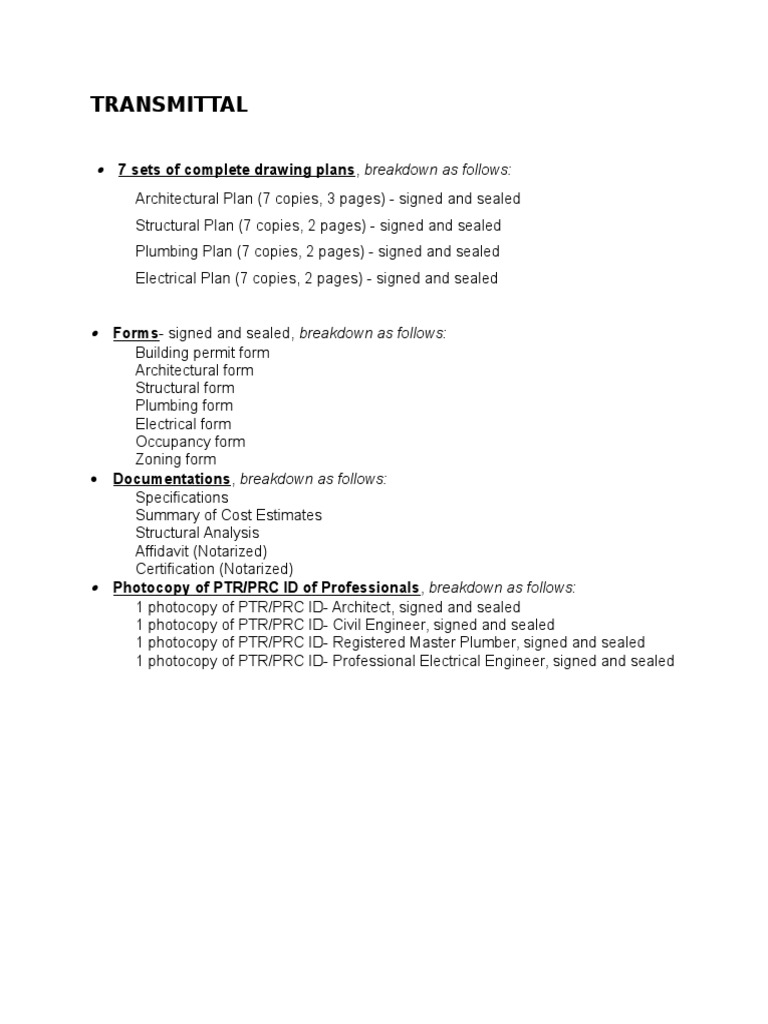 Transmittal: 7 Sets of Complete Drawing Plans, Breakdown As Follows | PDF