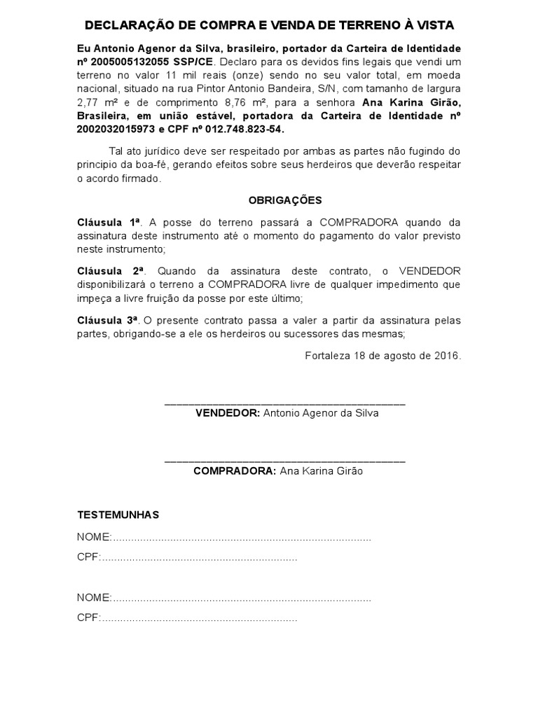 Declaração de Compra e Venda de Terreno | PDF