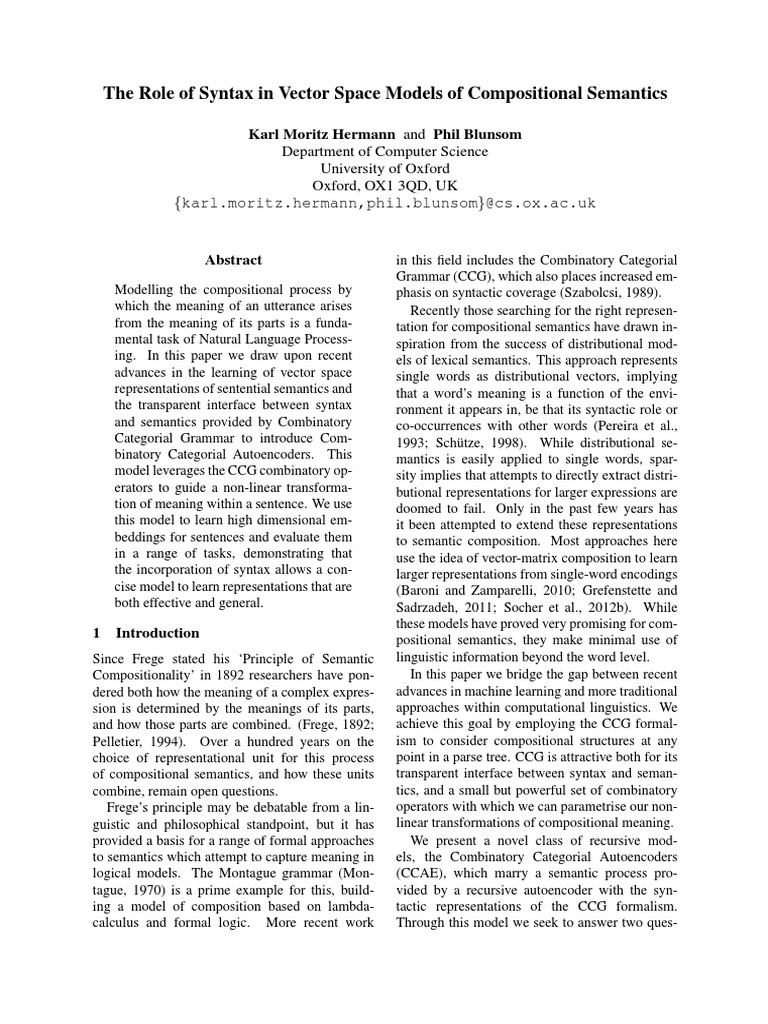 The Role of Syntax in Vector Space Models of Compositional Semantics | PDF | Semantics | Syntax