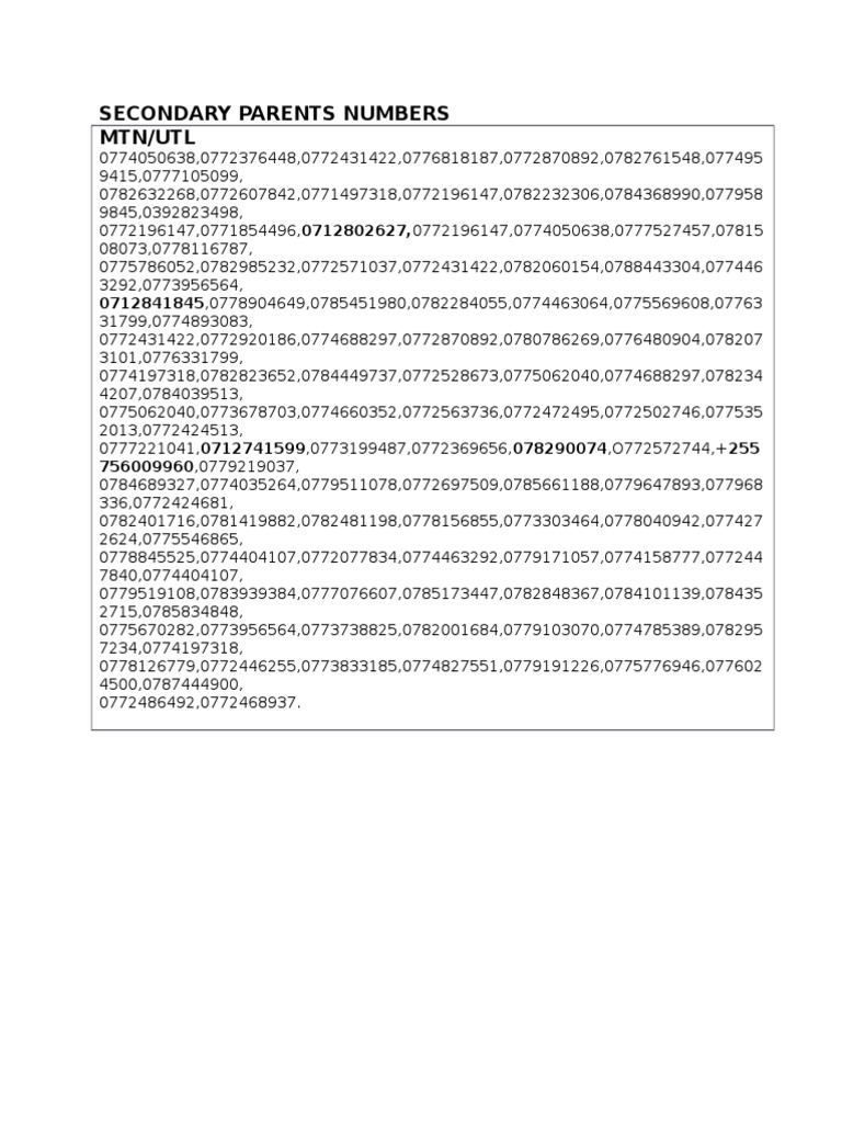 Secondary Parents Numbers Mtn/Utl | PDF