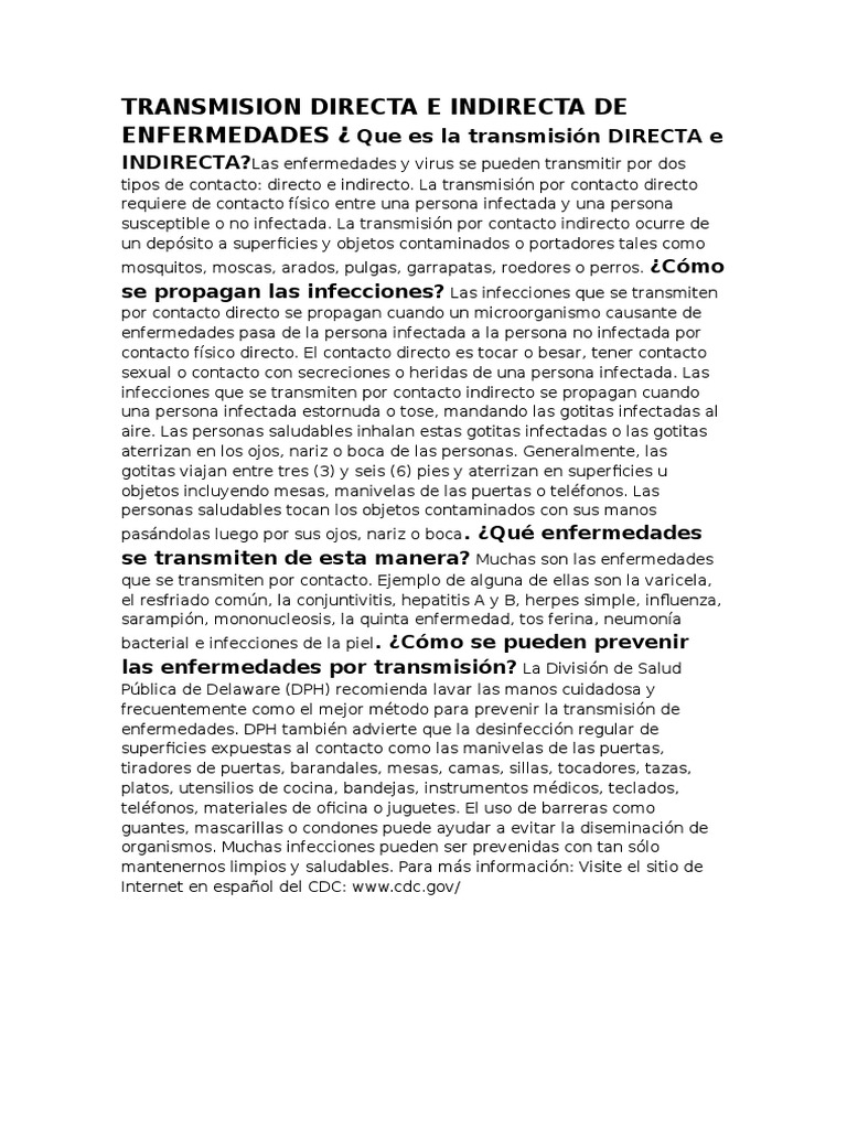 Transmision Directa e Indirecta de Enfermedades | PDF