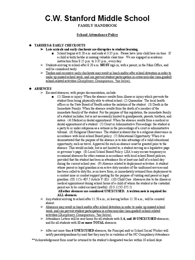 C.W. Stanford Middle School: Family Handbook School Attendance Policy ...