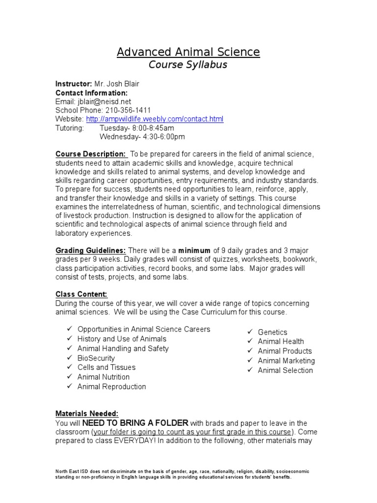 Advanced Animal Science Syllabus | PDF | Homework | Cognition