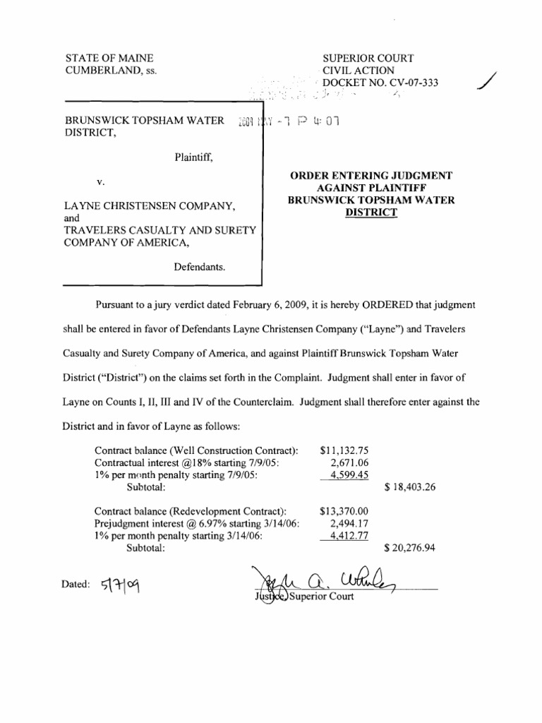 Brunswick Topsham Water Dist. v. Layne Christensen Co., CUMcv-07-333 ...