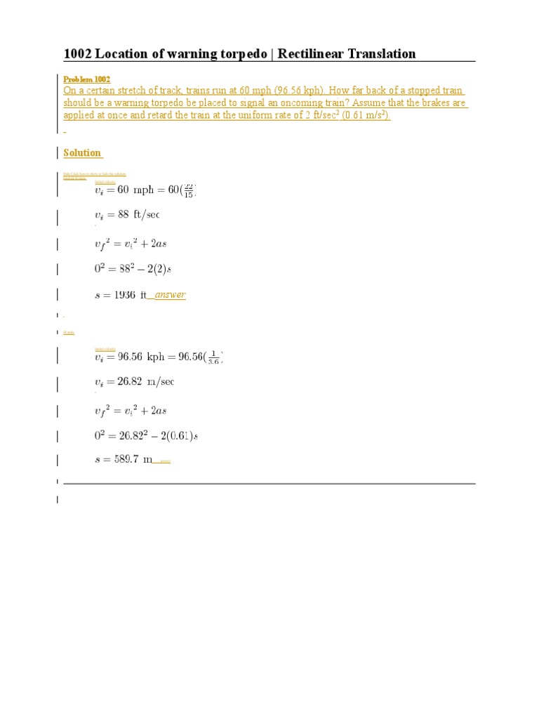 Warning Torpedo Placement for Trains | PDF | Acceleration | Equations