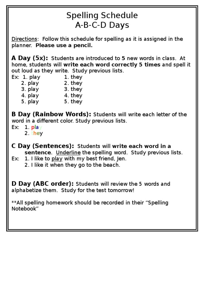 Weekly Spelling Practice Schedule | PDF
