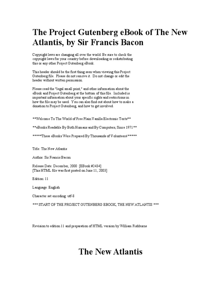 The New Atlantis by Francis Bacon | PDF | Project Gutenberg | E Books