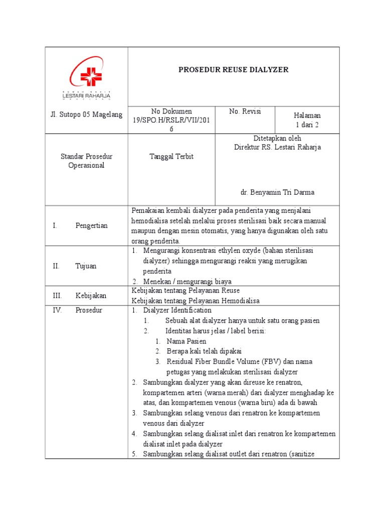 Prosedur Reuse Dialyzer | PDF