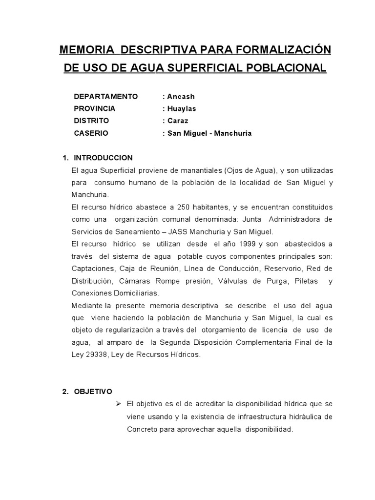 Memoria Descriptiva Formaliz Uso Agua-Davicho | PDF | Recursos hídricos | Agua