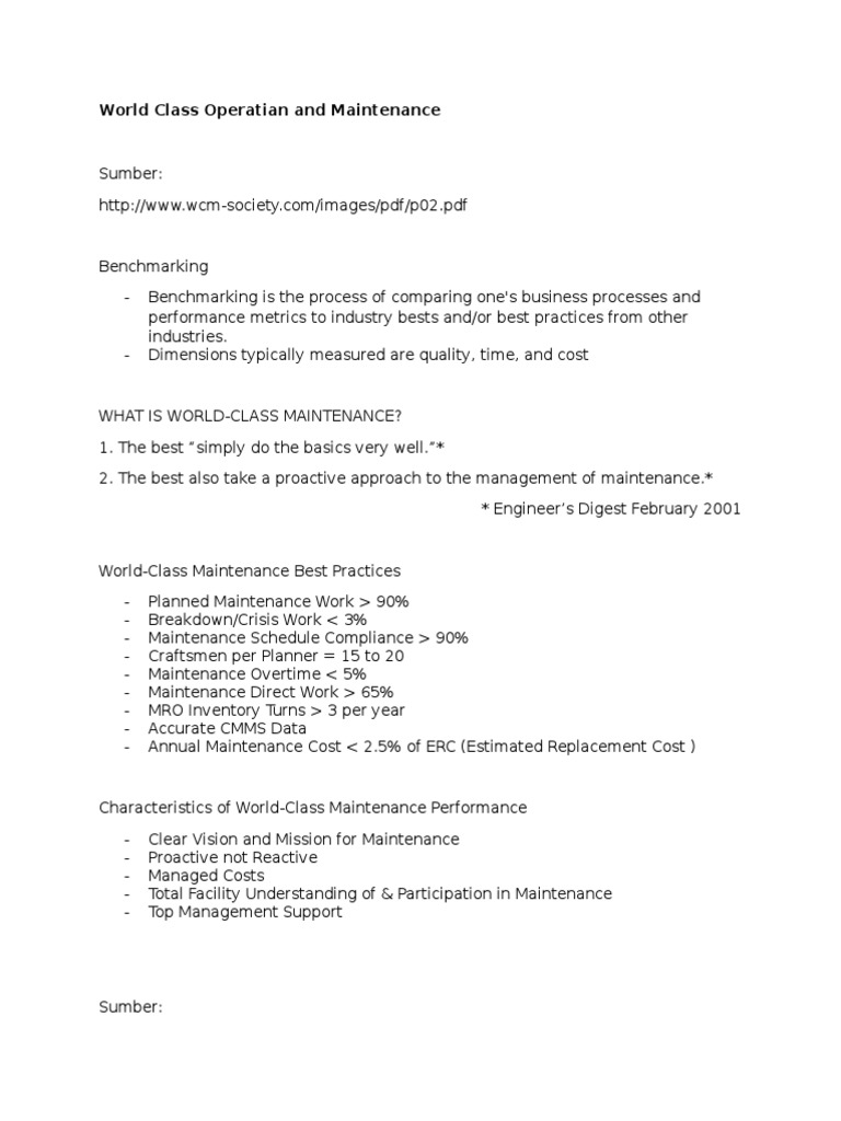 World Class Maintenance | PDF | Benchmarking | Business