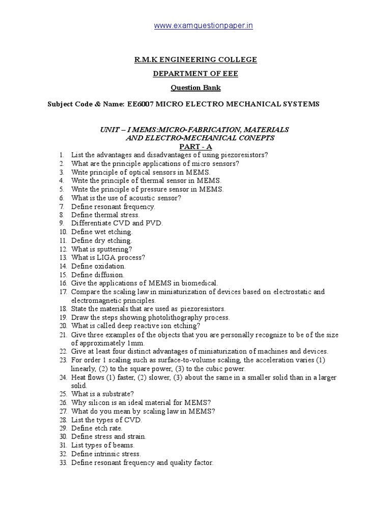 RMK Engineering College MEMS Question Bank | PDF ...