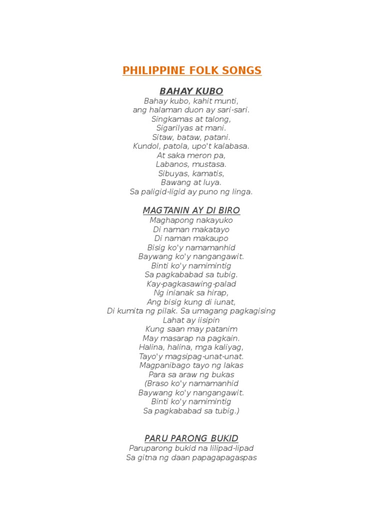 Top Philippine Folk Songs Lyrics | PDF