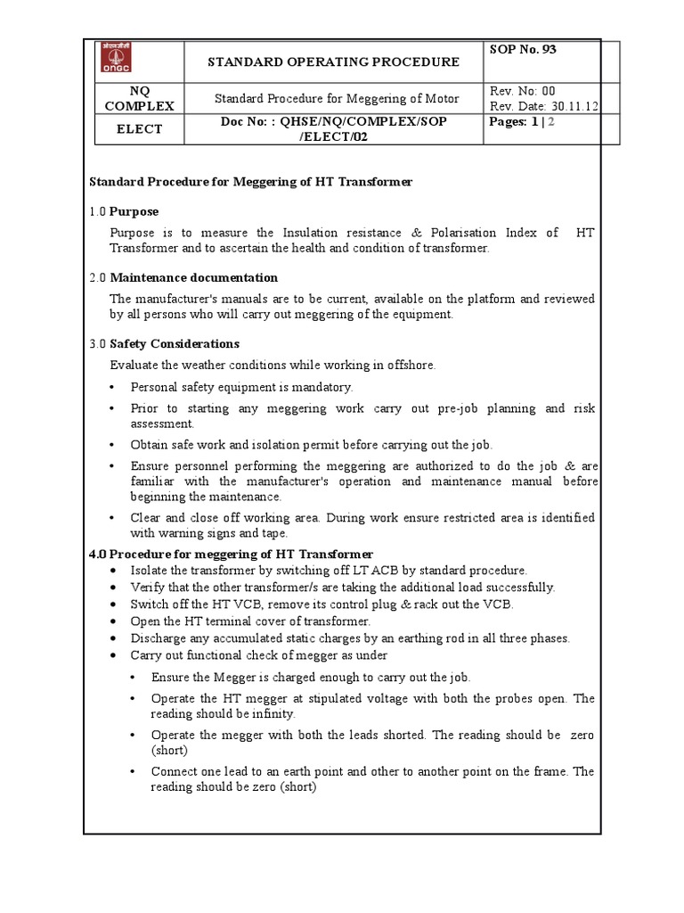 Sop HT SWGR Meggering | PDF | Transformer | Switch