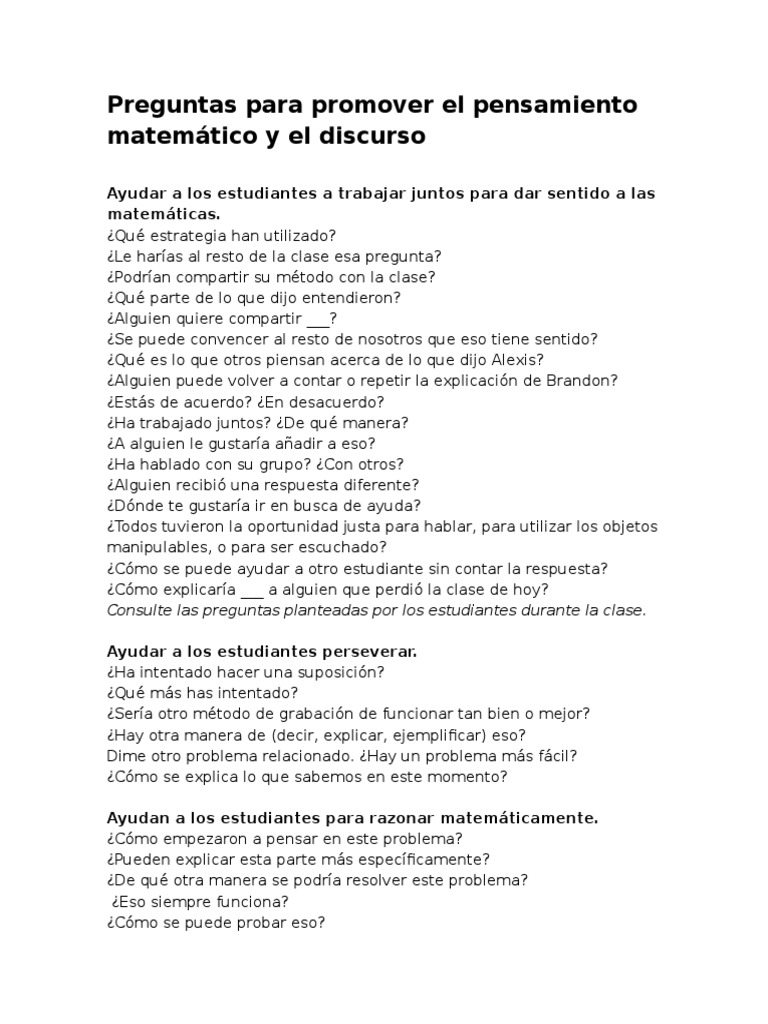 Preguntas para Promover El Pensamiento Matemático y El Discurso | PDF ...
