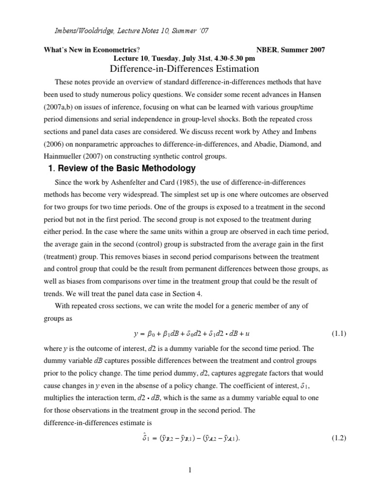Lect 10 Difference In Differences Estimation Pdf Pdf Ordinary