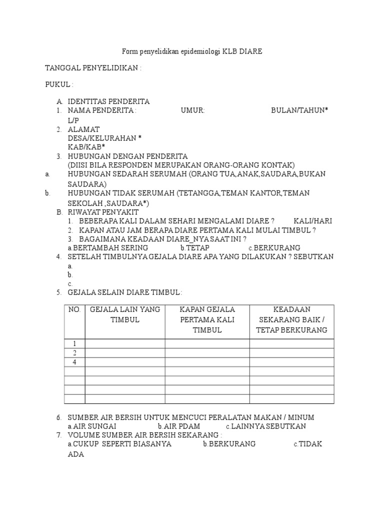 Form Penyelidikan Epidemiologi KLB DIARE | PDF