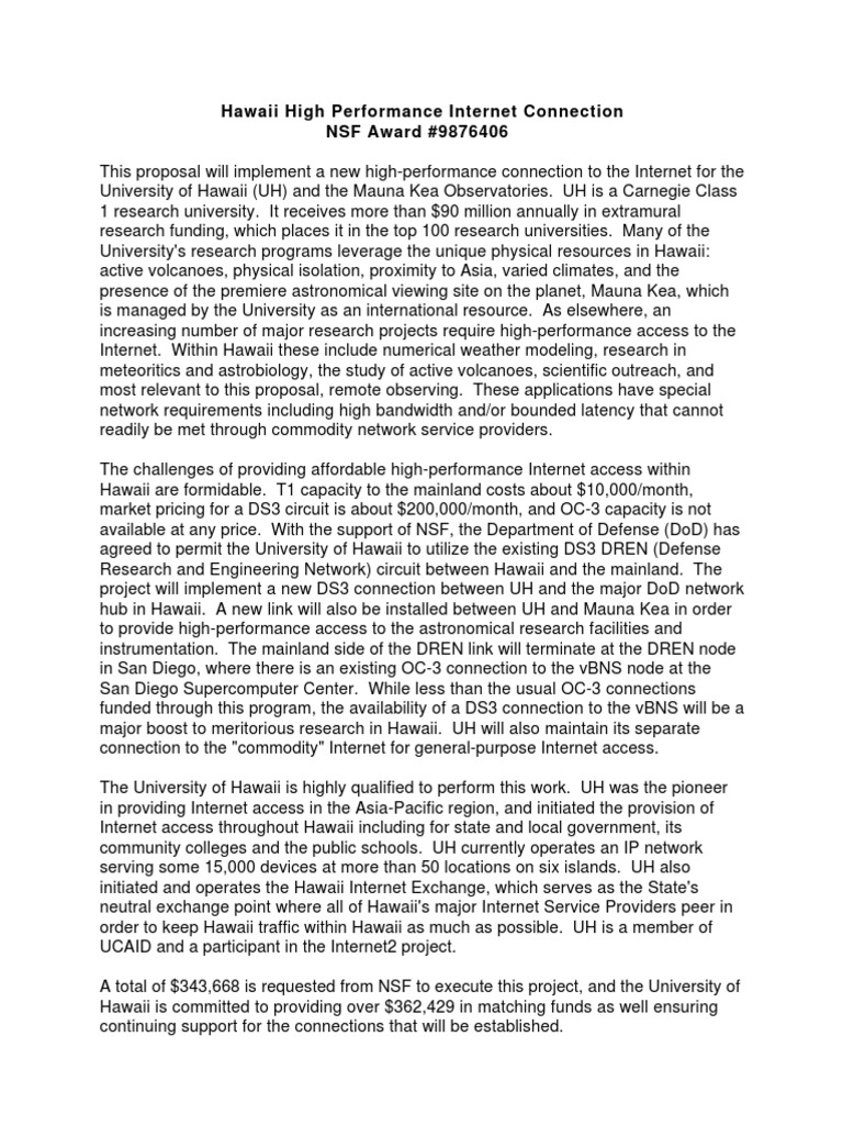 Hawaii High Performance Internet Connection NSF Award #9876406 | PDF ...