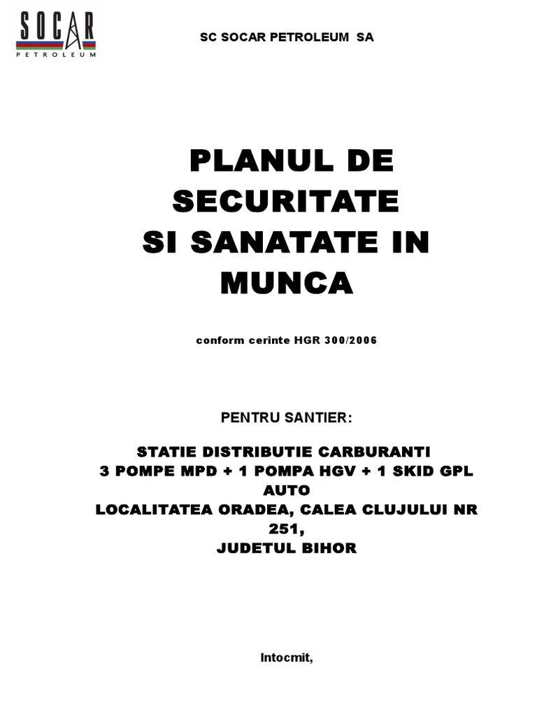 Plan SSM - SOCAR - Oradea Clujului | PDF