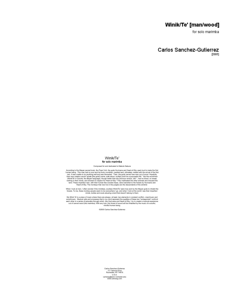 Carlos Sanchez Gutierrez - Winik Te' For Solo Marimba (2005) | PDF ...