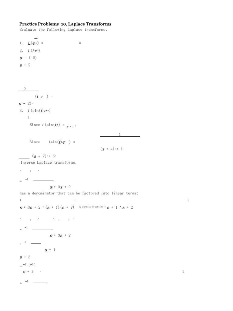 Practice Problems 10, Laplace Transforms: L (E L (T e S 5) S T | PDF ...